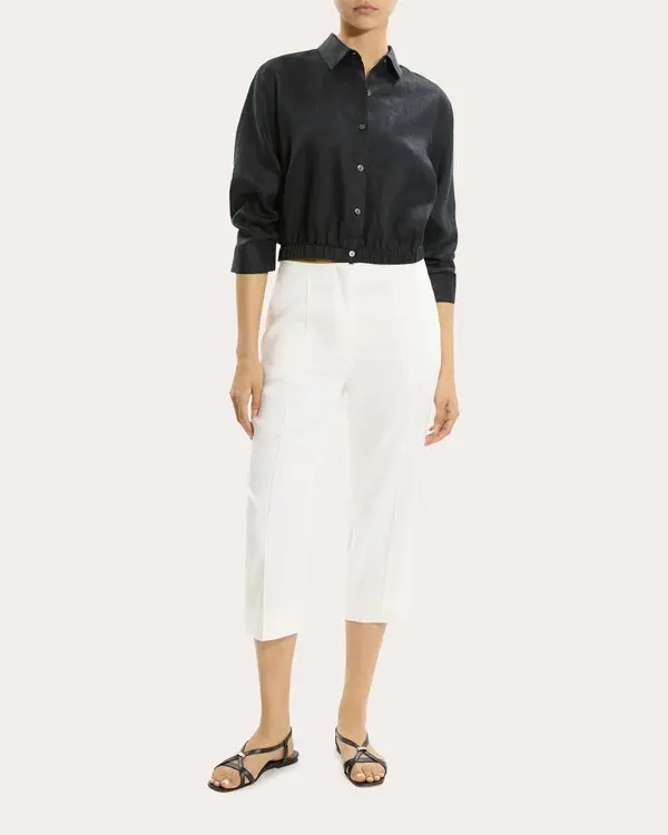 Theory Linen Scrunched Crop Button-up Top - Black