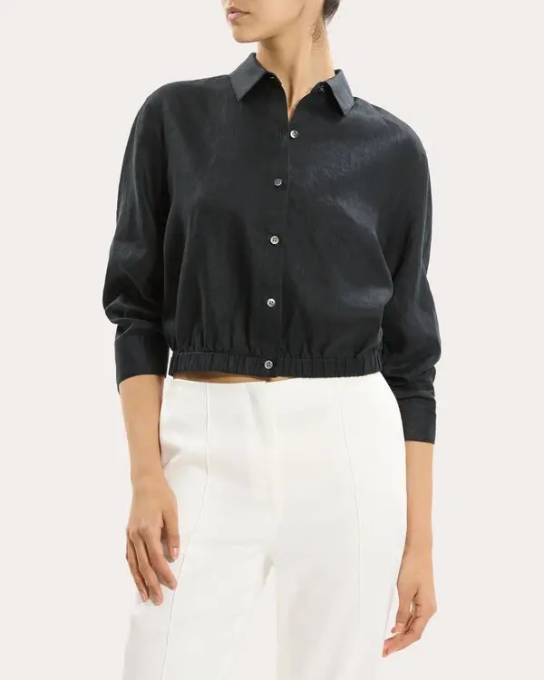 Theory Linen Scrunched Crop Button-up Top