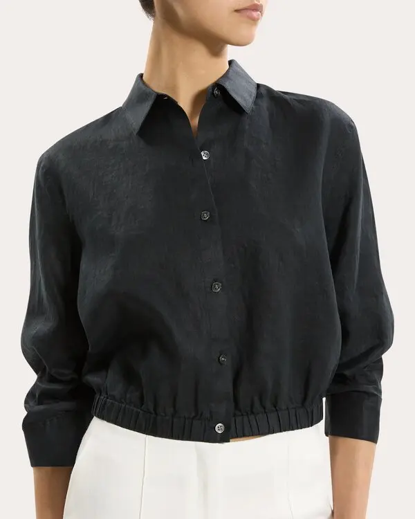 Theory Linen Scrunched Crop Button-up Top