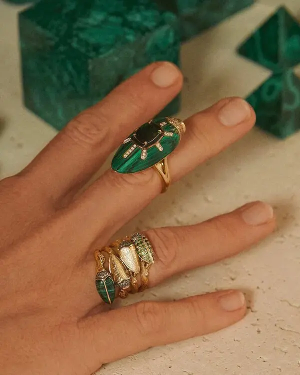 BIBI VAN DER VELDEN Malachite & Brown Diamond 18k Scarab Ring