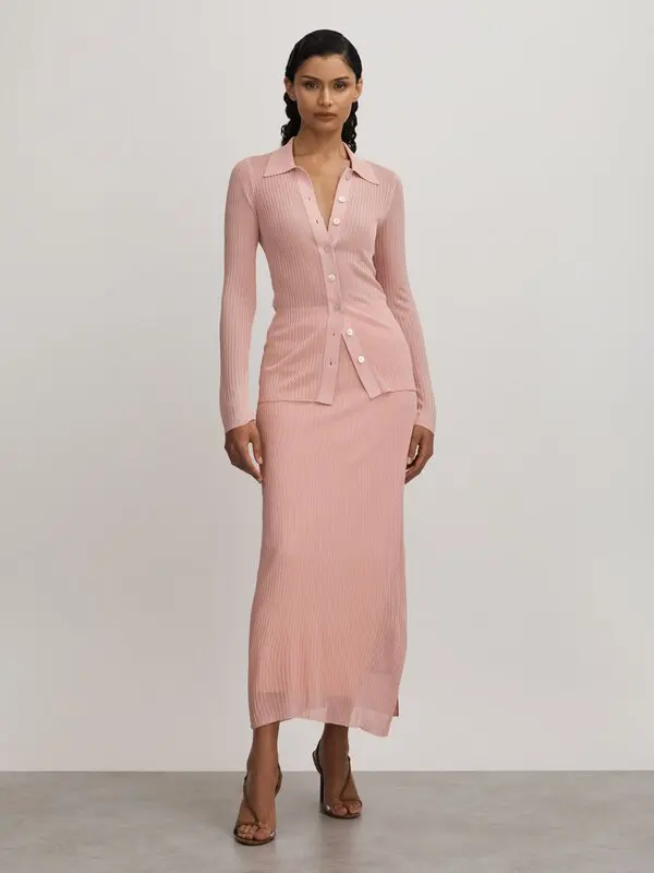 Anna Quan Semi-sheer Ribbed Knit Top With Mother Of Pearl Buttons - Pink