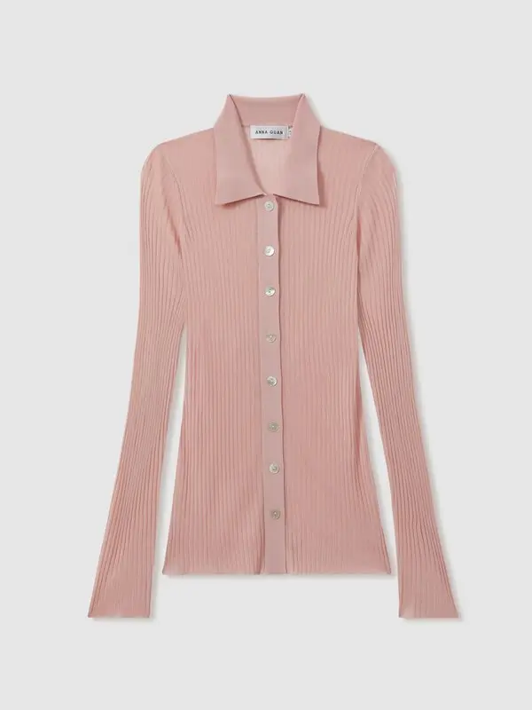 Anna Quan Semi-sheer Ribbed Knit Top With Mother Of Pearl Buttons