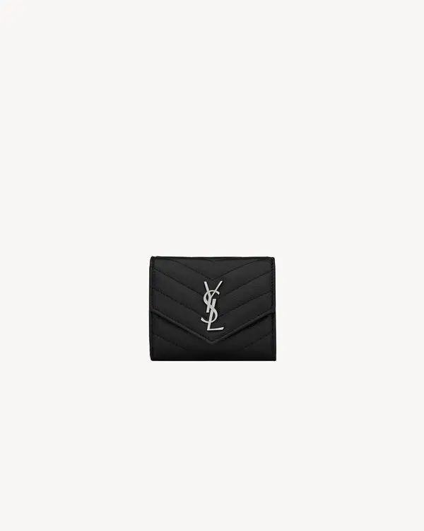 Saint Laurent Cassandre Matelassé Multi-folded Wallet In Grain De Poudre Leather - Black