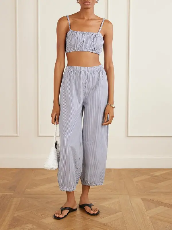 Suzie Kondi Bea Shirred Striped Cotton-poplin Bandeau Top