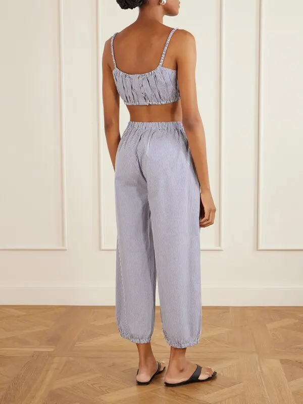Suzie Kondi Bea Shirred Striped Cotton-poplin Bandeau Top