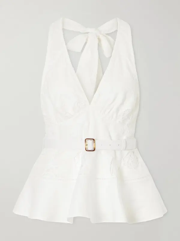 SELF-PORTRAIT Belted Embroidered Peplum Top - White