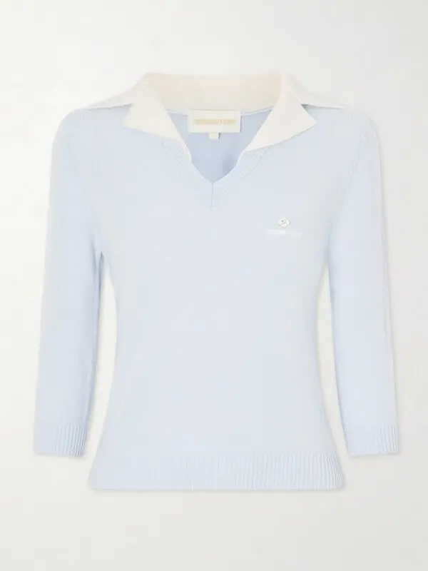 SHUSHU/TONG Logo-appliquéd Ribbed Wool V-neck Top - Blue
