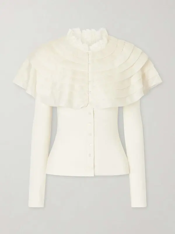 Sea Wanda Wool Cardigan With Ruffled Lace And Brocade Trim - Cream