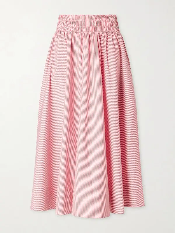 Suzie Kondi Kyria Shirred Striped Cotton-poplin Midi Skirt - Pink