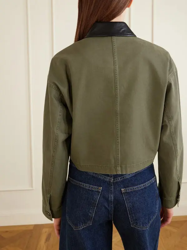ANINE BING Yuma Cotton Cropped Jacket With Leather Collar - Army Green