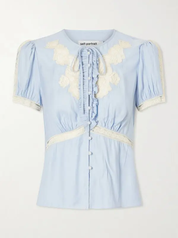 SELF-PORTRAIT Ruffled Lace-trimmed Satin Blouse - Blue