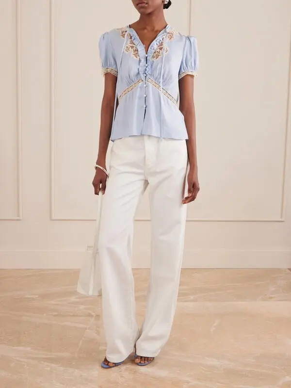 SELF-PORTRAIT Ruffled Lace-trimmed Satin Blouse