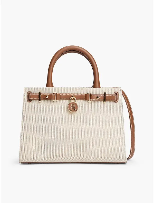 Tommy Hilfiger Textured Canvas Mini Tote Bag With Monogram Padlock - Natural