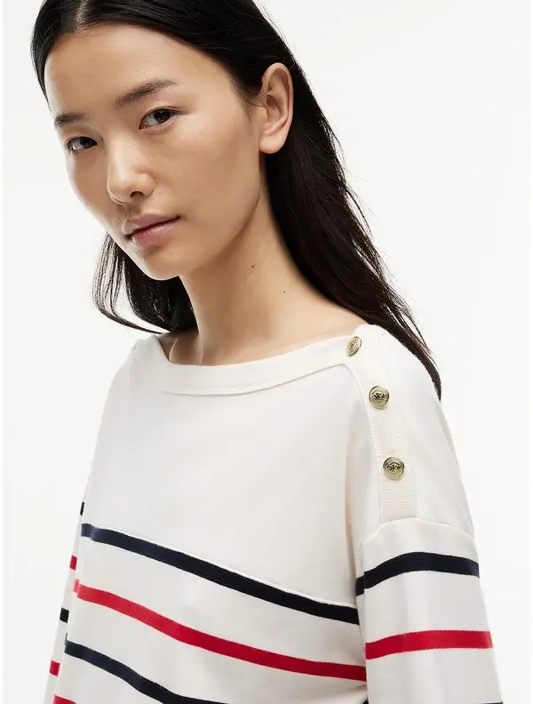 Tommy Hilfiger Breton Stripe Cotton Boatneck T-shirt With Gold-button Accents - Ivory Silk Multi