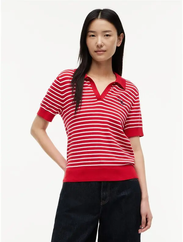 Tommy Hilfiger Striped Sweater Polo With Embroidered Script Logo - Primary Red