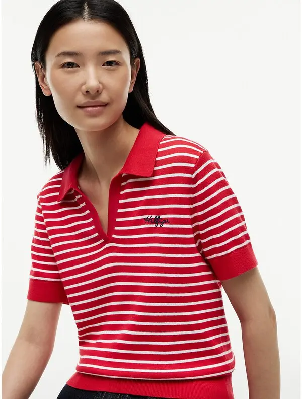 Tommy Hilfiger Striped Script Logo Polo Sweater - Primary Red