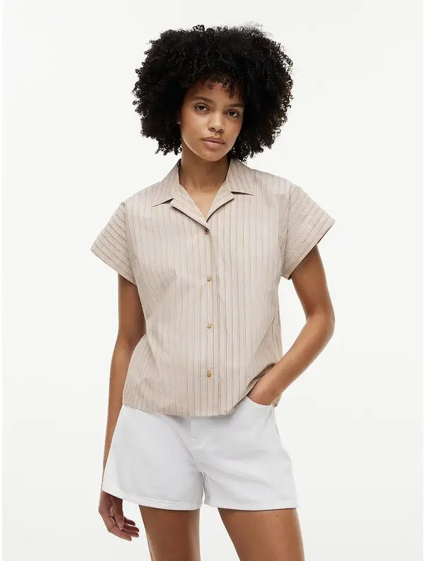 Tommy Hilfiger Striped Poplin Camp Shirt - Clayed Pebble