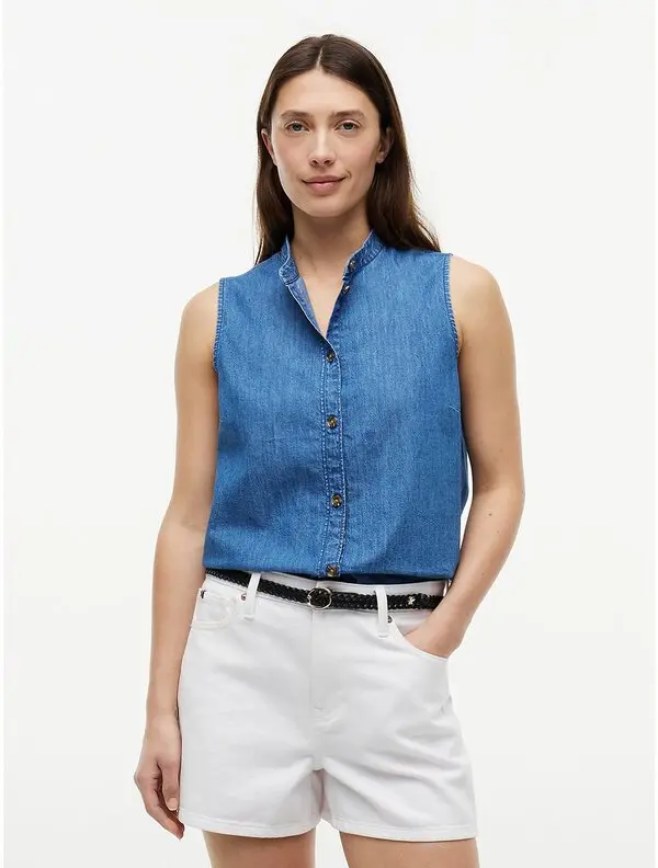 Tommy Hilfiger Sleeveless Chambray Band Collar Shirt - Medium Wash