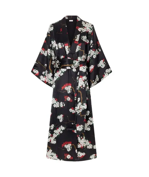 Olivia Von Halle Belted Floral-printed Silk-satin Robe - Black