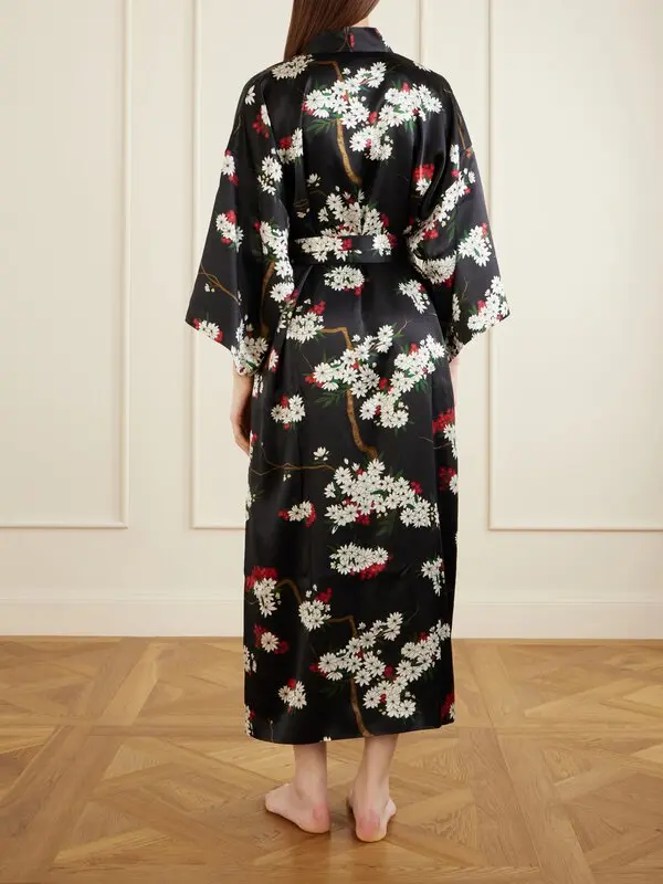 Olivia Von Halle Belted Floral-printed Silk-satin Robe - Black