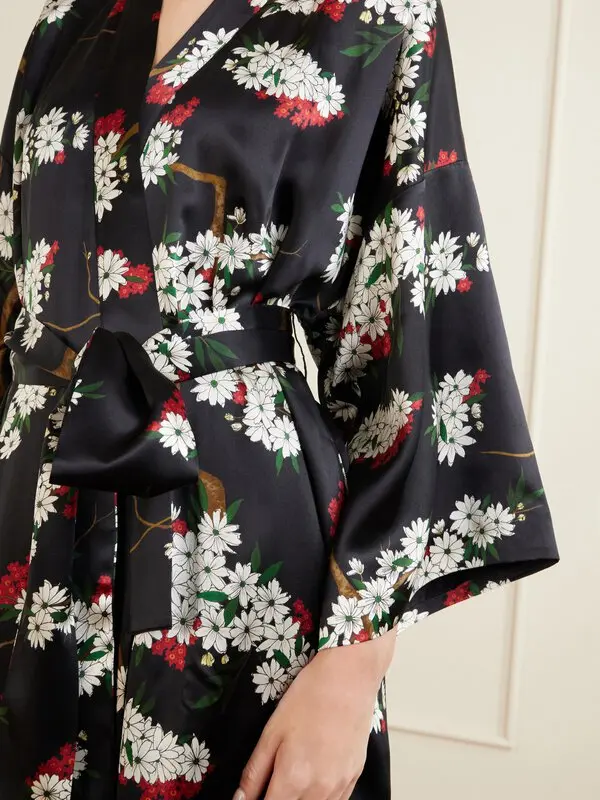 Olivia Von Halle Belted Floral-printed Silk-satin Robe - Black