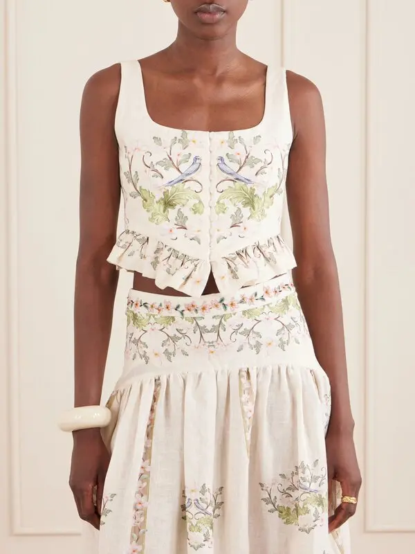 Agua Bendita Floral Print Linen Cropped Top