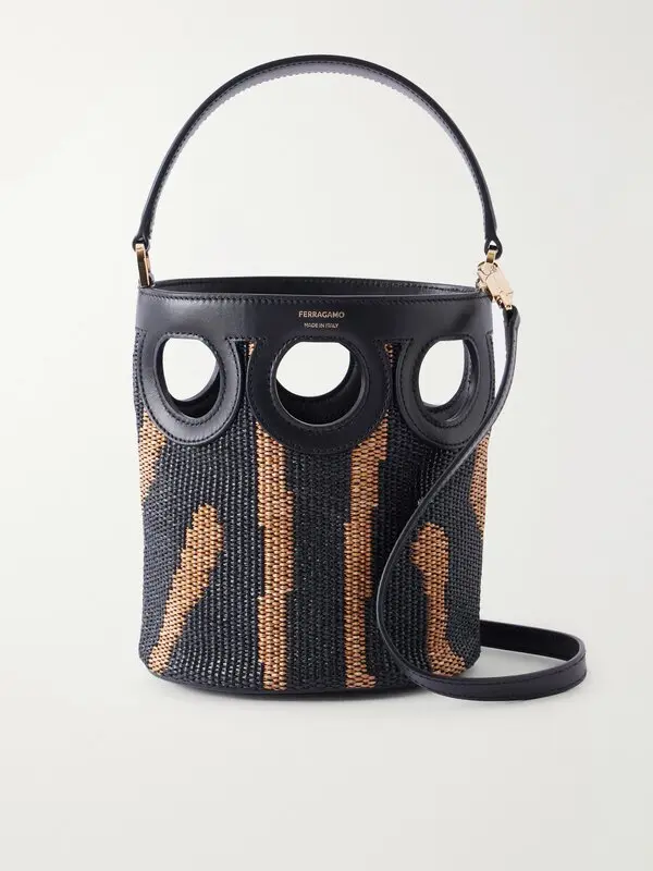 FERRAGAMO Cutout Leather-paneled Raffia Tote - Animal Print
