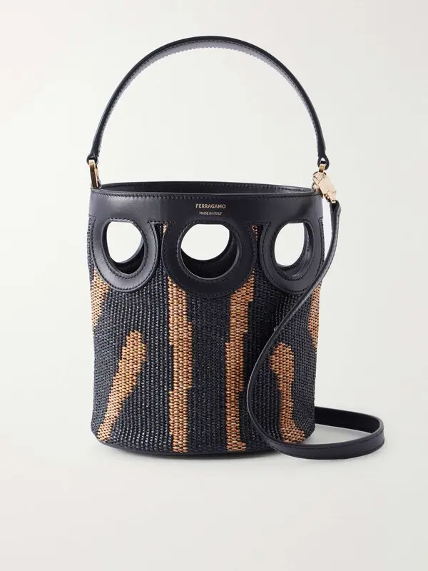 FERRAGAMO Cutout Leather-paneled Raffia Tote - Zebra Print