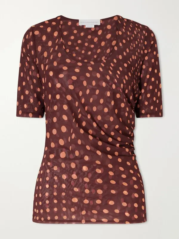 Stella McCartney Gathered Polka-dot Mesh T-shirt - Burgundy