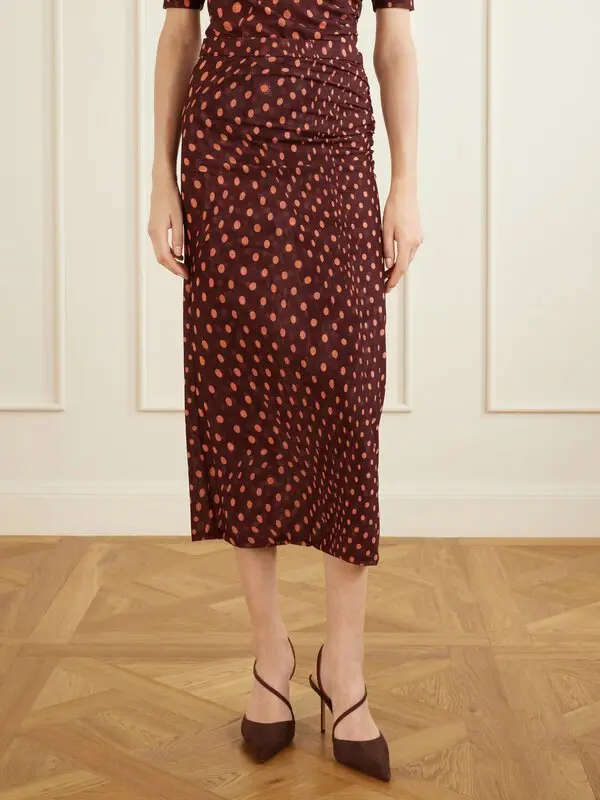 Stella McCartney Gathered Polka-dot Mesh Midi Skirt - Burgundy