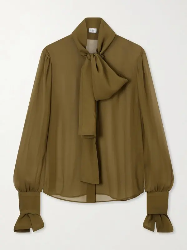 Saint Laurent Crepe Mesh Silk Blouse With Pussy Bow - Green