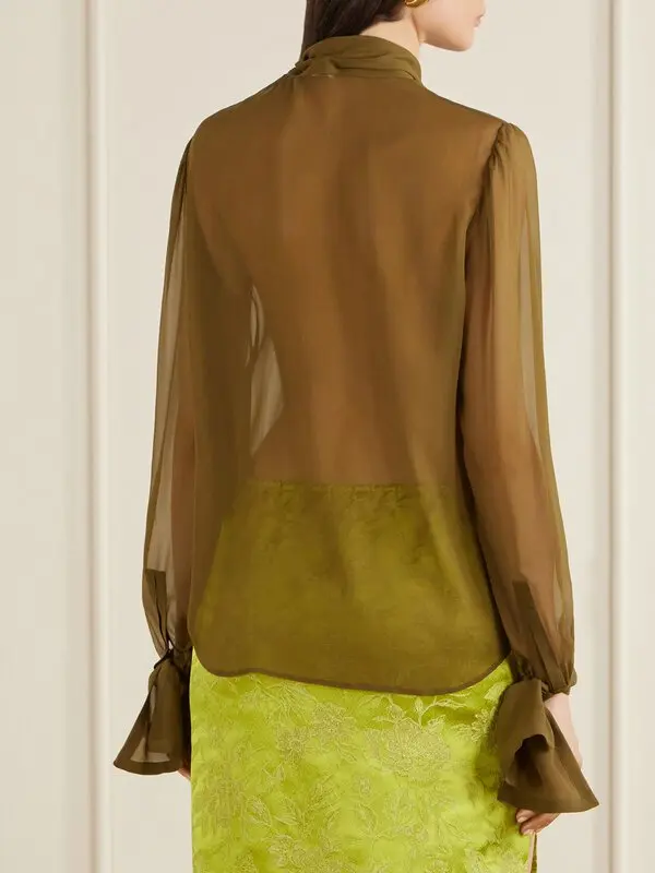Saint Laurent Crepe Mesh Silk Blouse With Pussy-bow Collar - Green