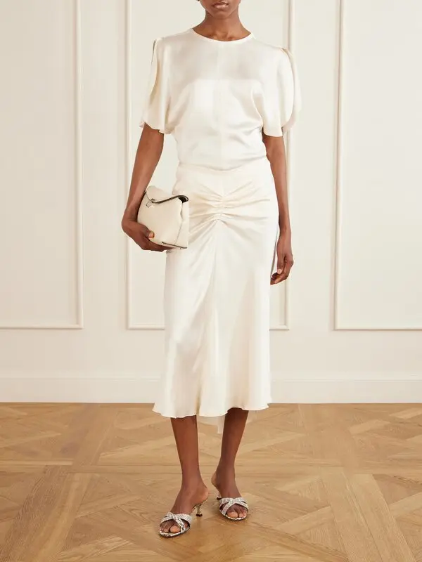 Victoria Beckham Bela Ruched Satin Midi Skirt - Neutrals