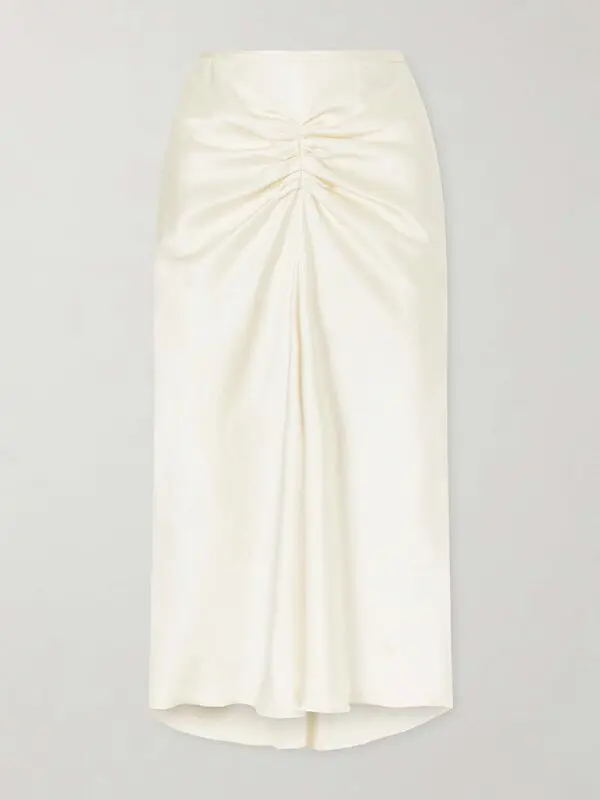 Victoria Beckham Bela Ruched Satin Midi Skirt - Off-white