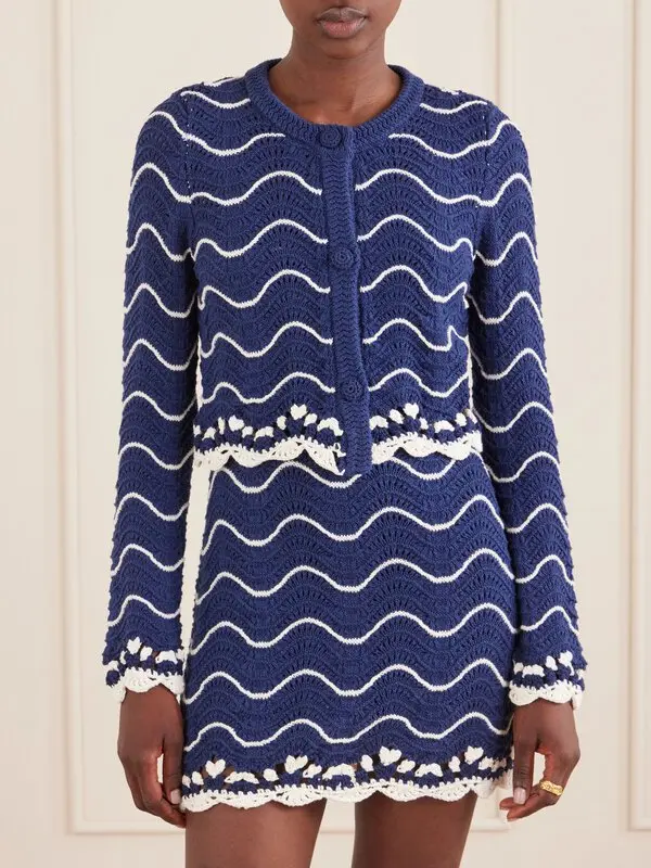 Cara Cara Louise Scalloped Striped Cotton Knit Cardigan - Blue