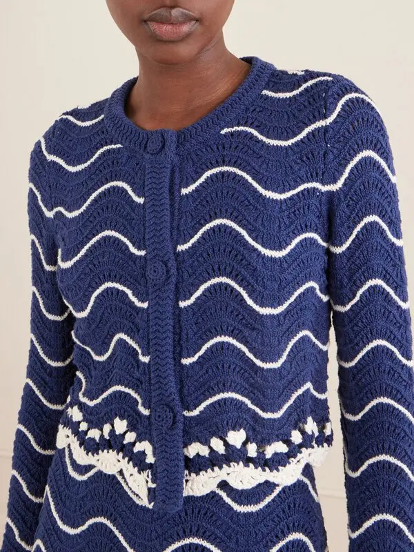 Cara Cara Louise Scalloped Striped Cotton Knit Cardigan - Blue