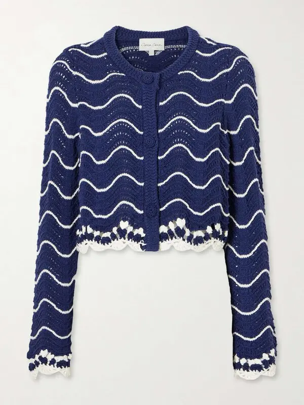Cara Cara Louise Scalloped Striped Cotton Knit Cardigan - Navy