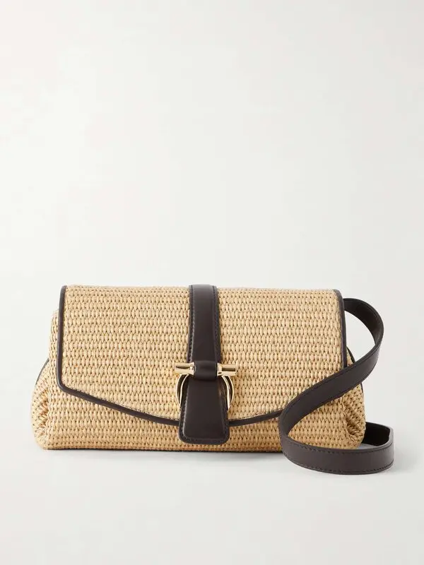 FERRAGAMO Woven Raffia And Leather Cross Body Bag - Beige
