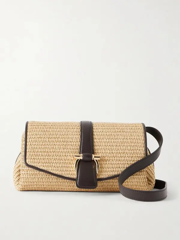 FERRAGAMO Mia' Raffia Cross Body Bag With Leather Trim - Neutrals