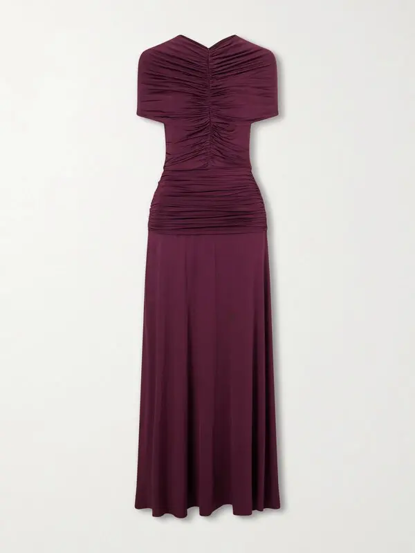 SELF-PORTRAIT Gathered Jersey Maxi Dress - Burgundy