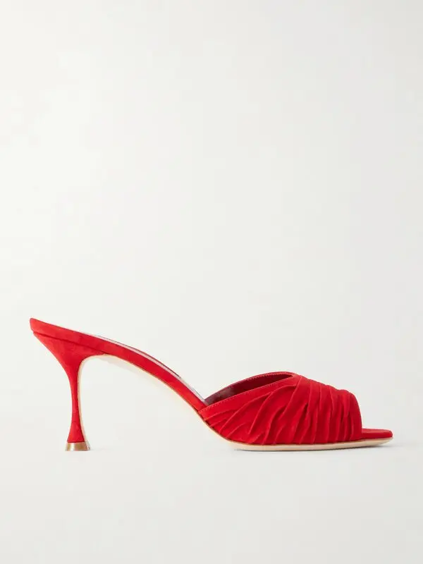 Manolo Blahnik Ruched Suede Mules - Red