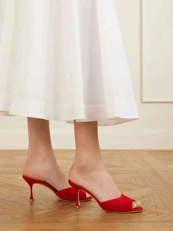 Manolo Blahnik Ruched Suede Mules - Red