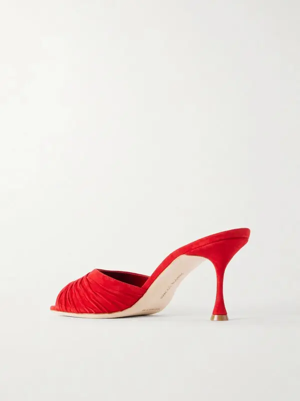 Manolo Blahnik Ruched Suede Mules - Red