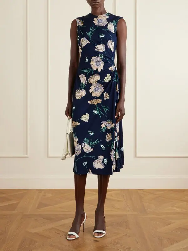 Erdem Floral Printed High Neck Belted Midi Dress - Navy