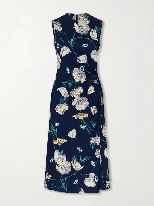Erdem Floral Printed High Neck Belted Midi Dress - Navy
