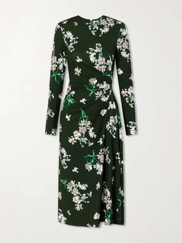 Erdem Gathered Floral-print Jersey Midi Dress - Dark Green