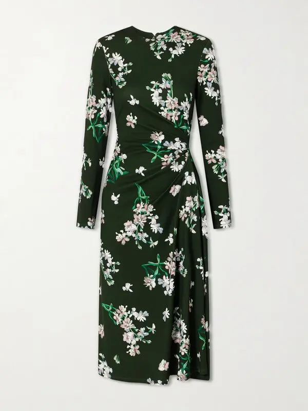 Erdem Gathered Floral-print Jersey Midi Dress - Green