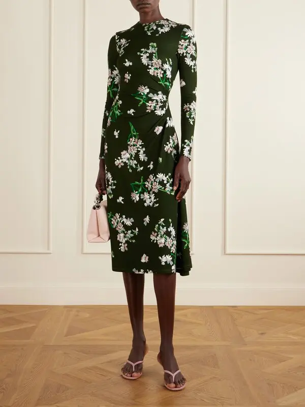 Erdem Gathered Floral-print Jersey Midi Dress