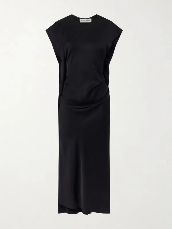 Victoria Beckham Gathered Satin Midi Dress - Black