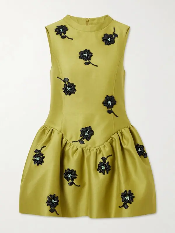 SHUSHU/TONG Floral Appliqué Gathered Satin Mini Dress - Green